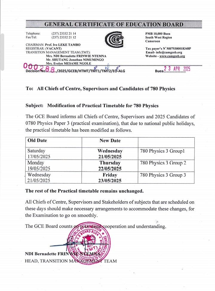 GCE 2025 timetable modification - cameroongcerevision.com