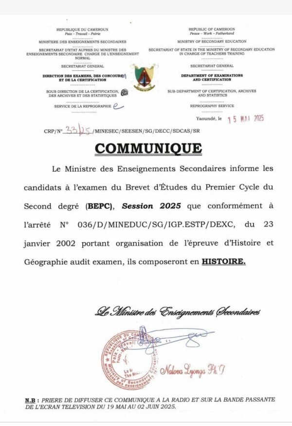 BEPC 2025 communique - cameroongcerevision.com